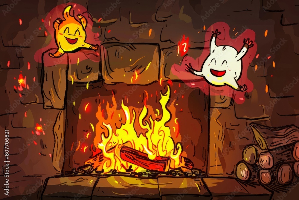 Cartoon cute doodles of playful flames dancing in a cozy fireplace ...