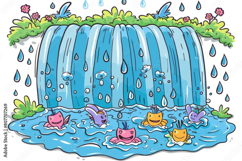 Cartoon cute doodles of sparkling droplets of water cascading down from ...