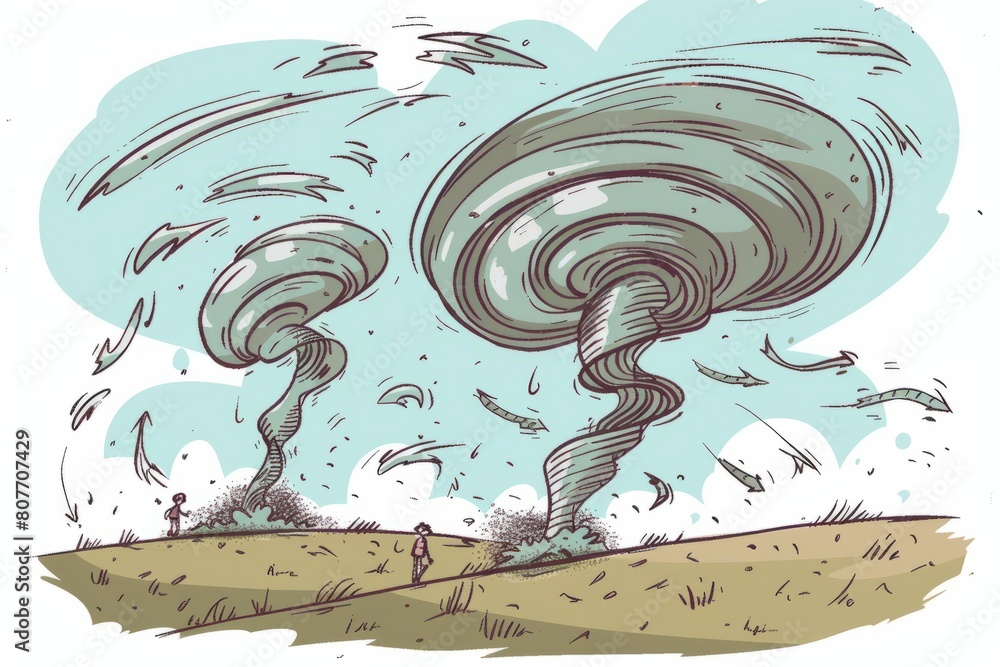 Cartoon cute doodles of swirling tornadoes twisting through the air ...