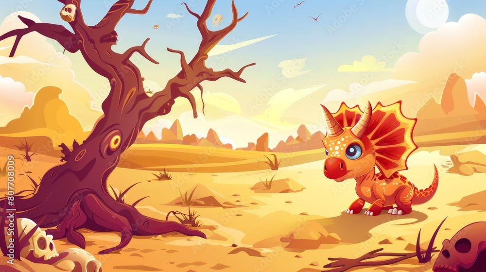 An adorable baby dinosaur in a desert landscape with a dead tree and ...