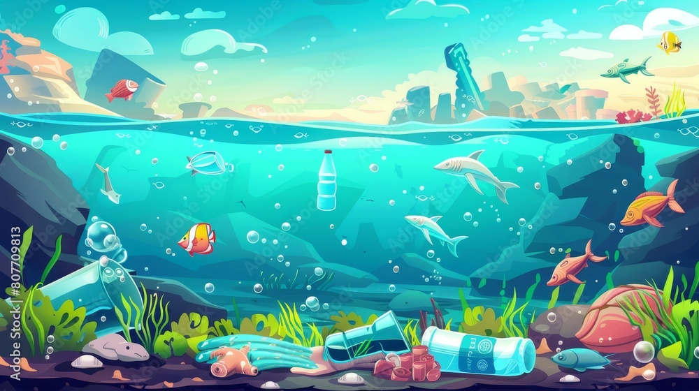 Ocean pollution poster with underwater seascape and floating plastic ...