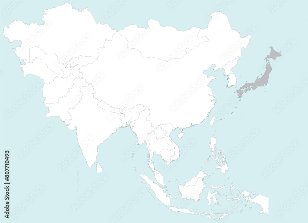 Highlighted grey map of JAPAN inside white detailed blank political map ...