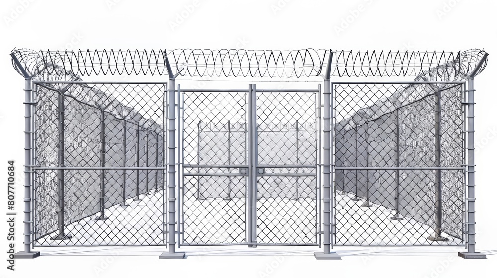 The fencing is made up of bars and metal grids with gates. Steel fence ...