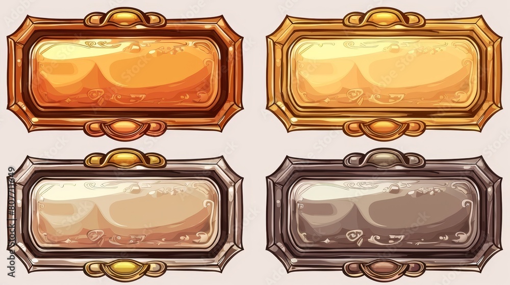 Game menus, UI elements, buttons, plaques with gold, silver, bronze ...