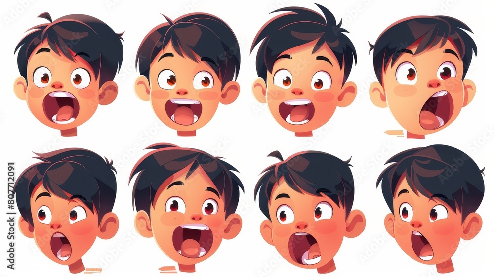 Mouth animation with different facial expressions. Little asian boy ...