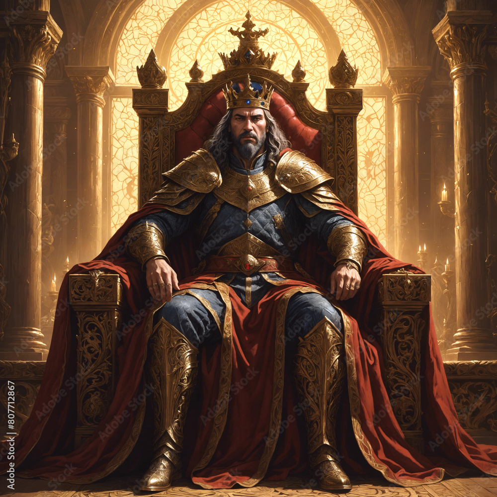 King sits on his throne, golden ornamental armor, crown, red cape ...