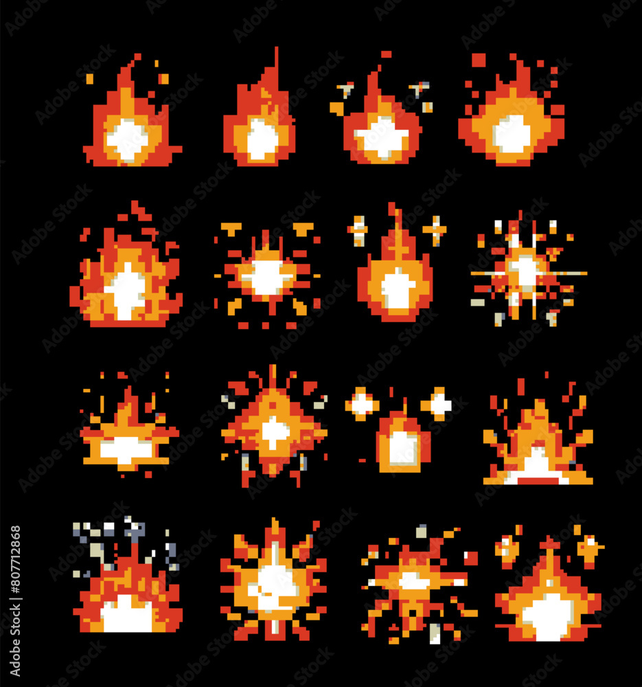 Pixel art 8 bit fire flames and explosion flashes , isolated on black ...