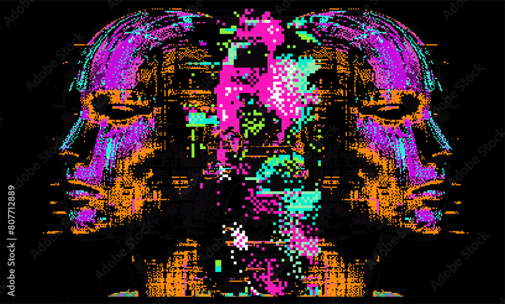 Distorted and distorted face silhouette on dark background. The concept ...