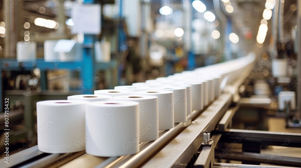A modern industrial assembly line with rolls of tissue paper lined up ...