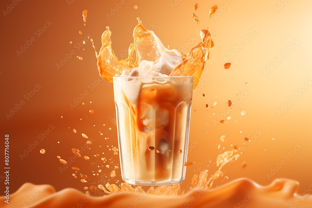 Iced coffee with milk splash on orange background. 3d rendering Stock ...