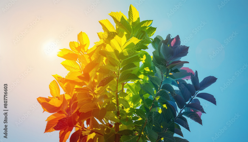 Metaphorical minimalist tree with diverse leaves of different shapes ...