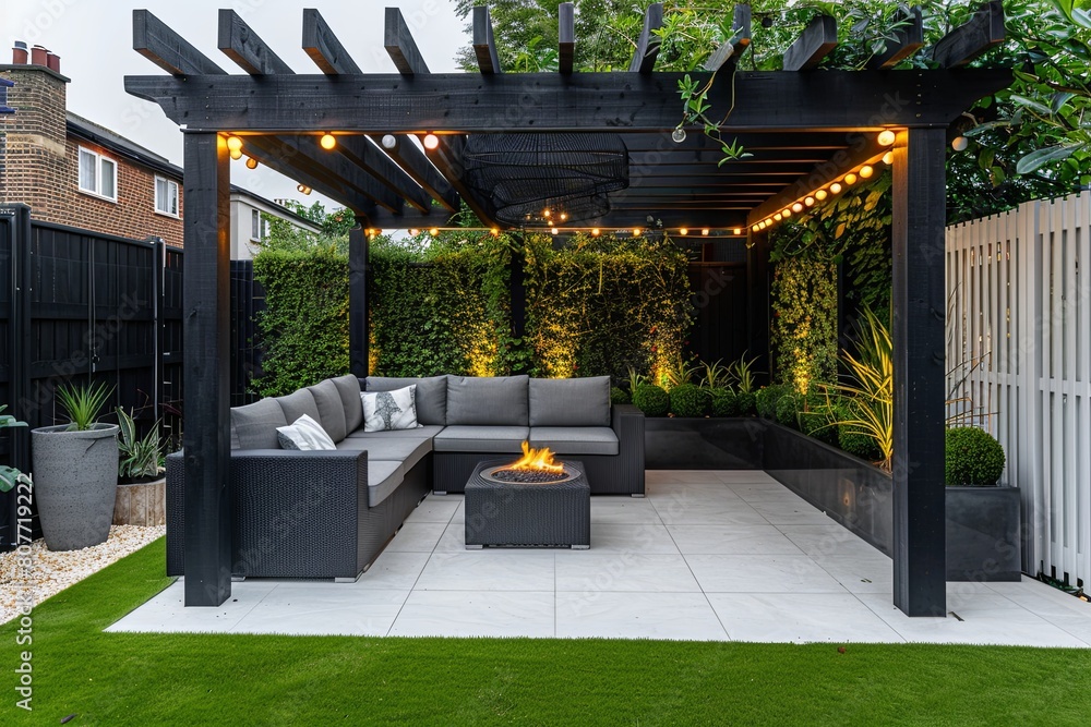 modern garden with black outdoor wooden trellis Stock Photo | Adobe Stock