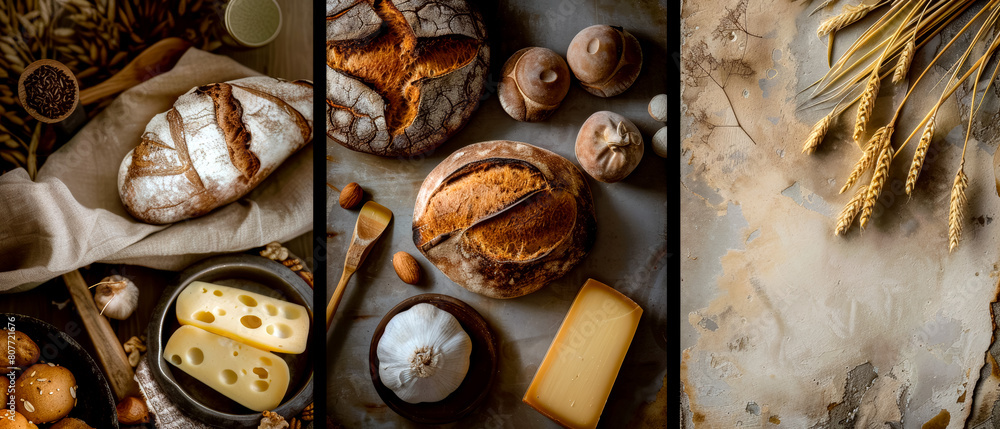 Different types of artisan bread displayed on table, various toppings ...