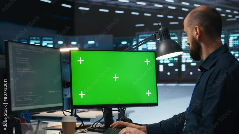 Vidéo Stock System administrator working on green screen computers in ...