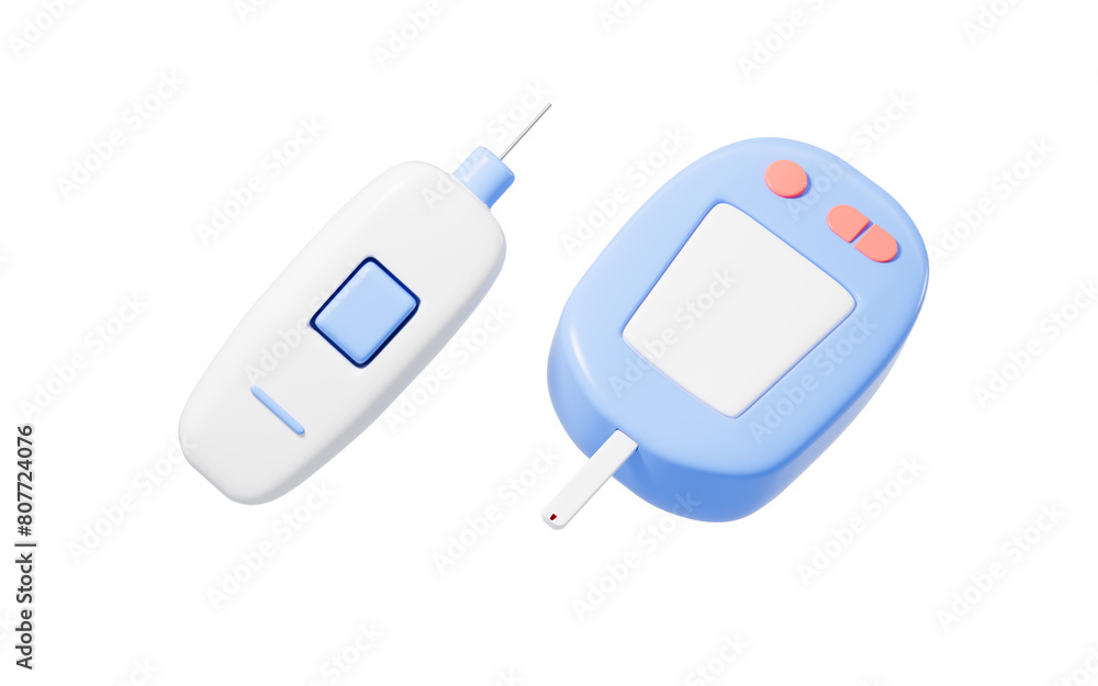 Cartoon glucometer and insulin pen injection, 3d rendering. Stock ...