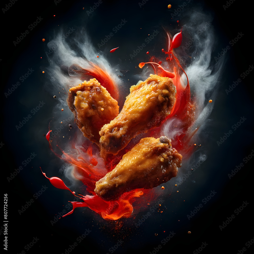 dynamic image of crispy fried chicken pieces floating in the air on a ...