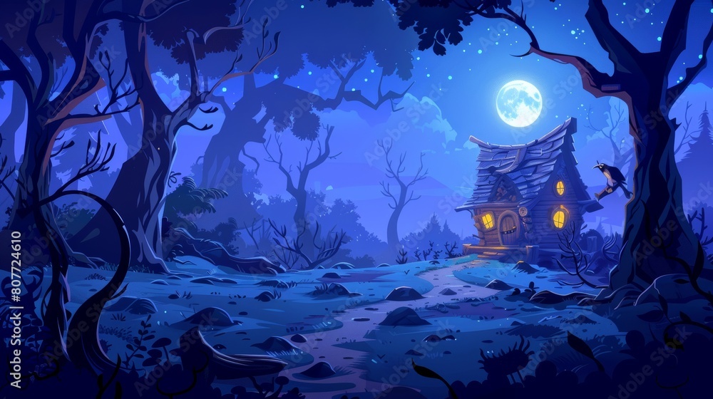 Animated night forest with witch house on a cartoon landscape ...