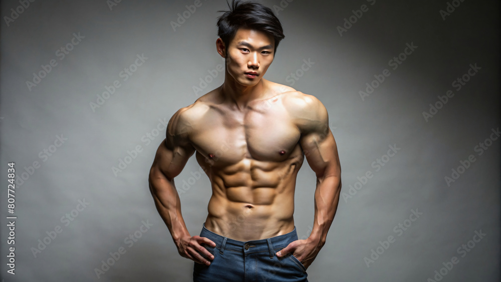 Athletic shirtless Asian man shows off his muscular chest Stock Photo ...