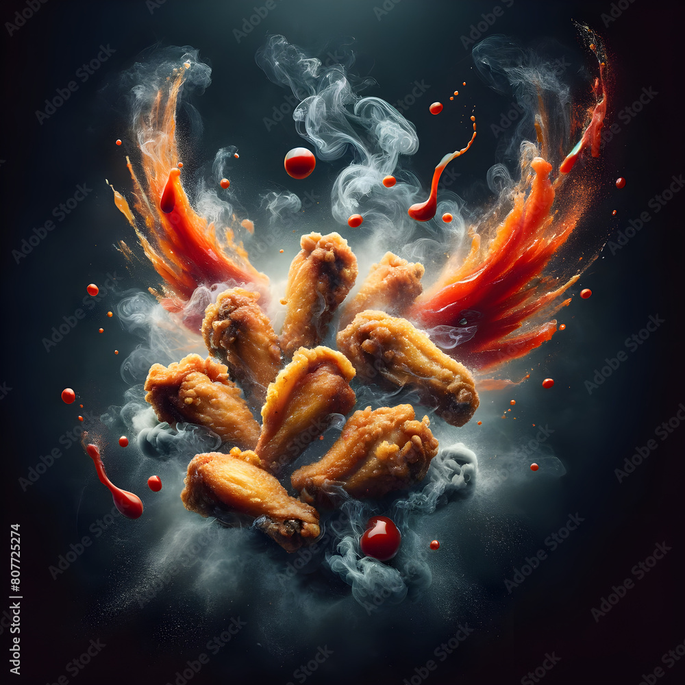 dynamic image of crispy fried chicken pieces floating in the air on a ...
