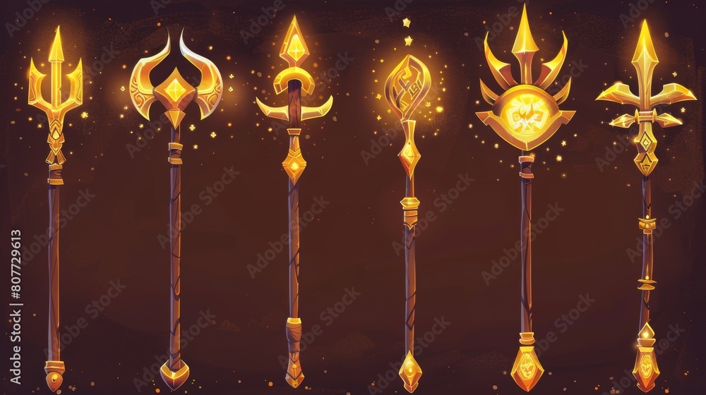 A golden staff with a trident tip on a background. Modern illustration ...