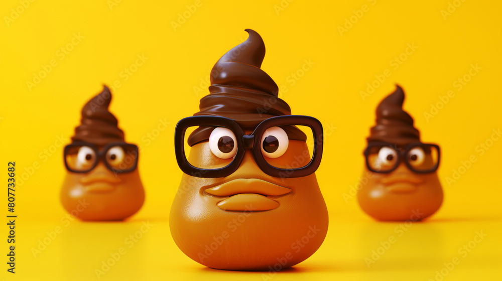 Three animated poop emoji characters with expressive faces and one ...