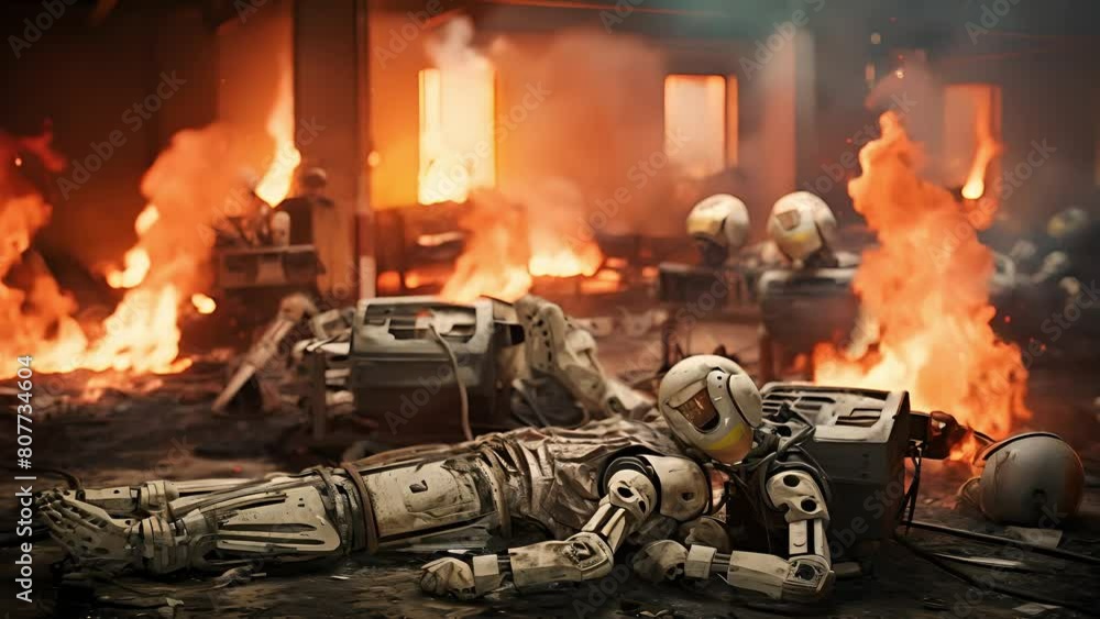 Vidéo Stock Robot artificial intelligence severely damaged having smoke ...