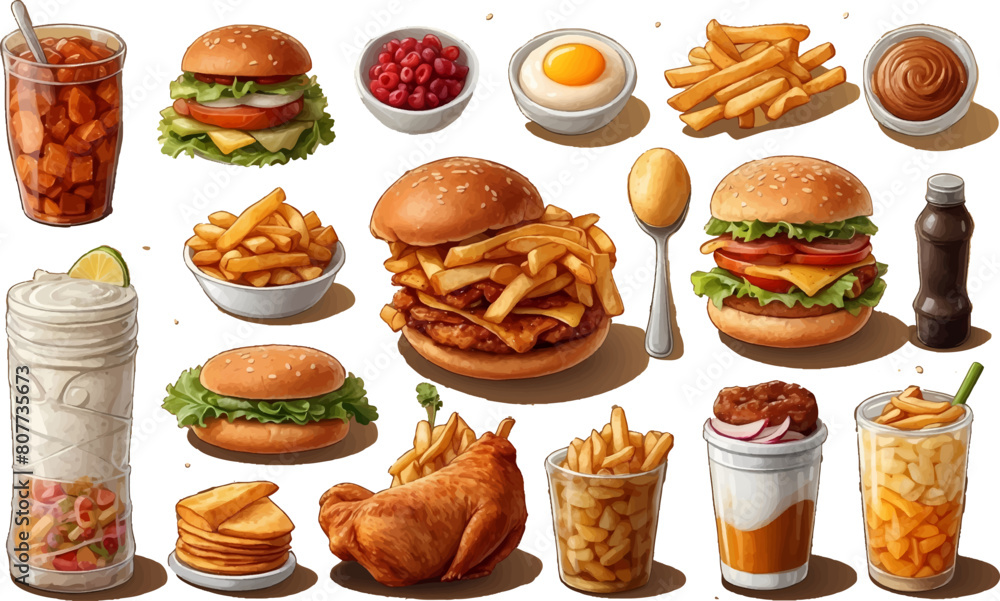 All Fast Food collection set, isolated on white background. Fried ...
