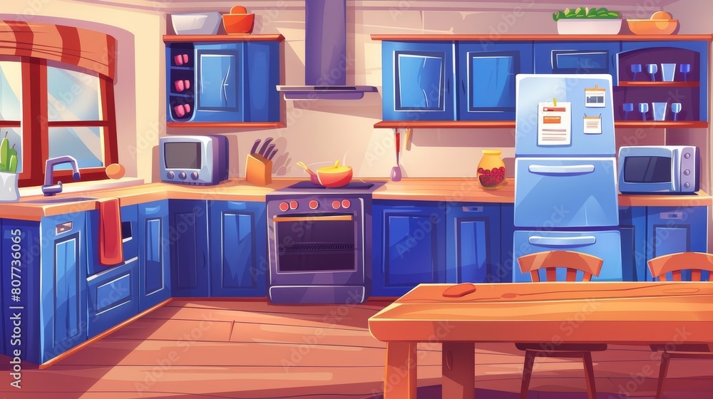 Interior cartoon illustration of a kitchen with wooden dining table ...