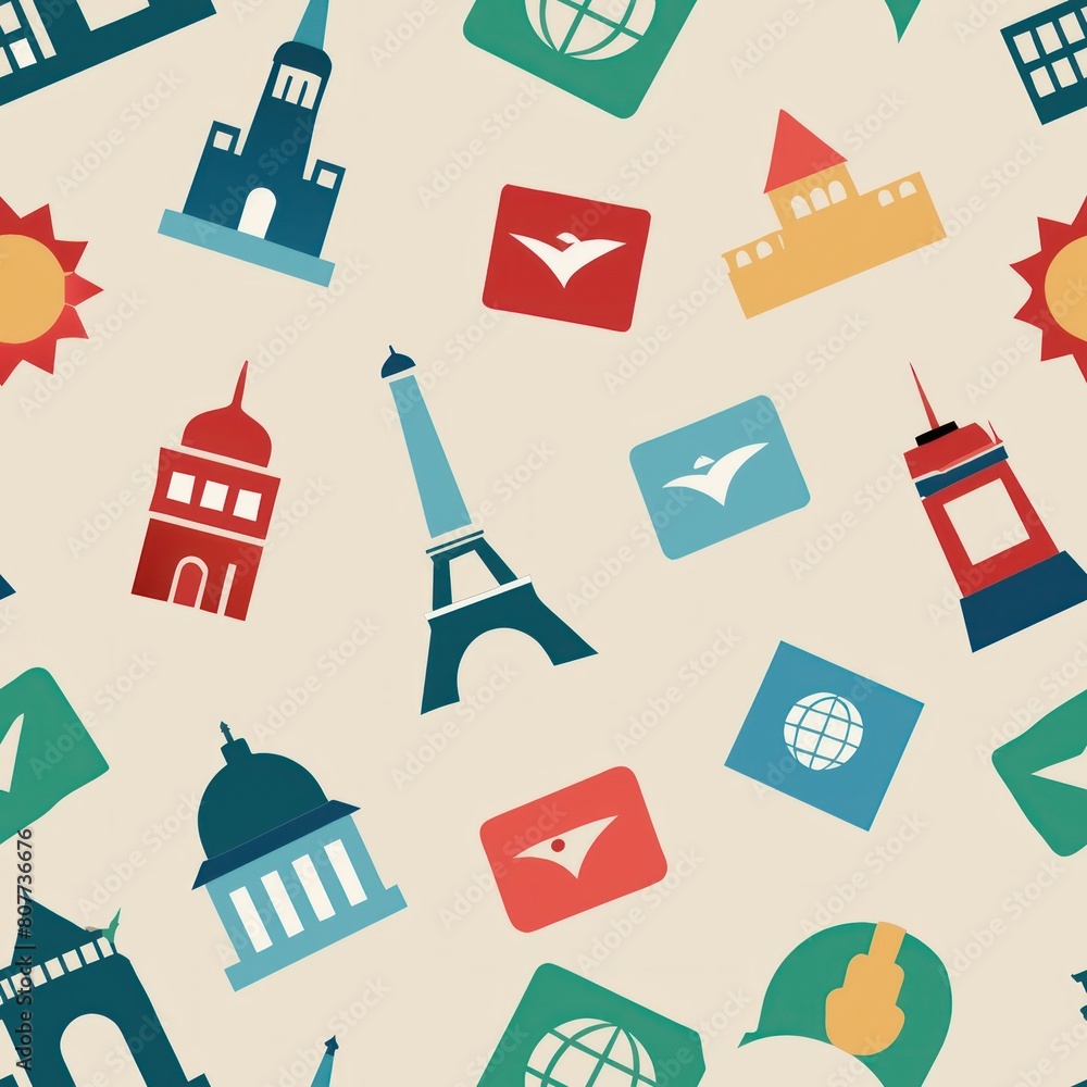 Seamless pattern of postage stamps featuring famous landmarks and ...