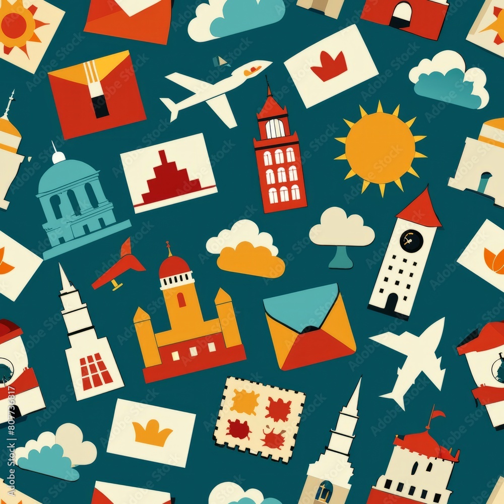 Seamless pattern of postage stamps featuring famous landmarks and ...