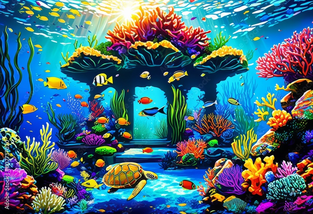 illustration, colorful marine life vibrant coral reef underwater scene ...