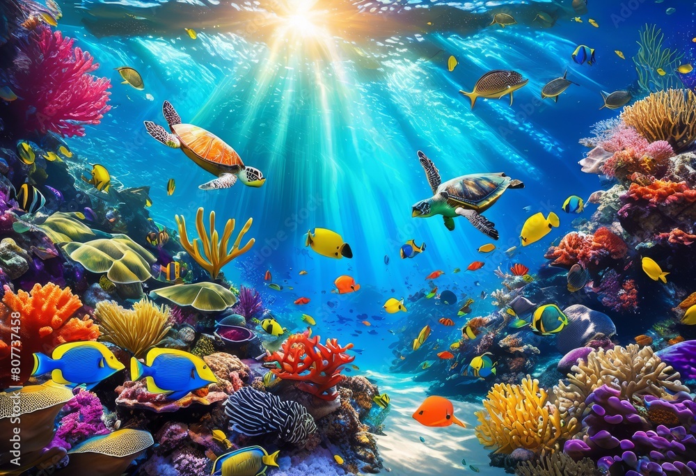 illustration, colorful marine life vibrant coral reef underwater scene ...