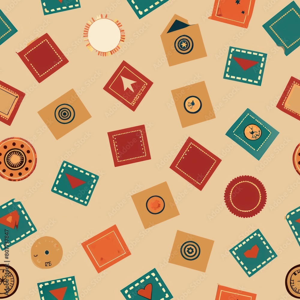 Seamless pattern of vintage postage stamps and postmarks, creating a nostalgic and whimsical ...