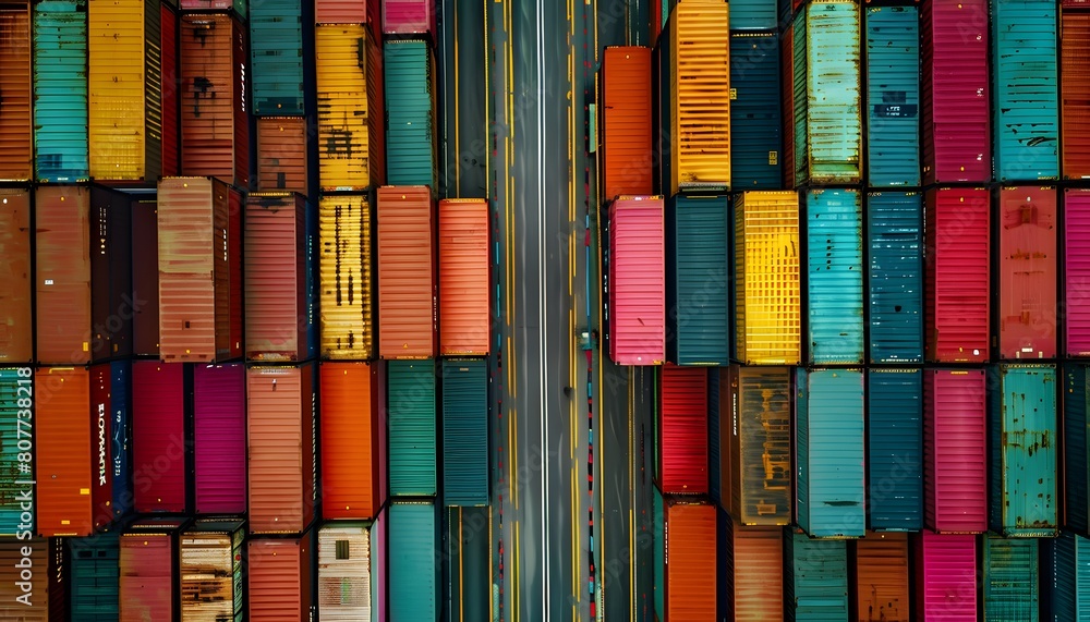 Aerial view of colorful shipping containers stacked in an industrial ...