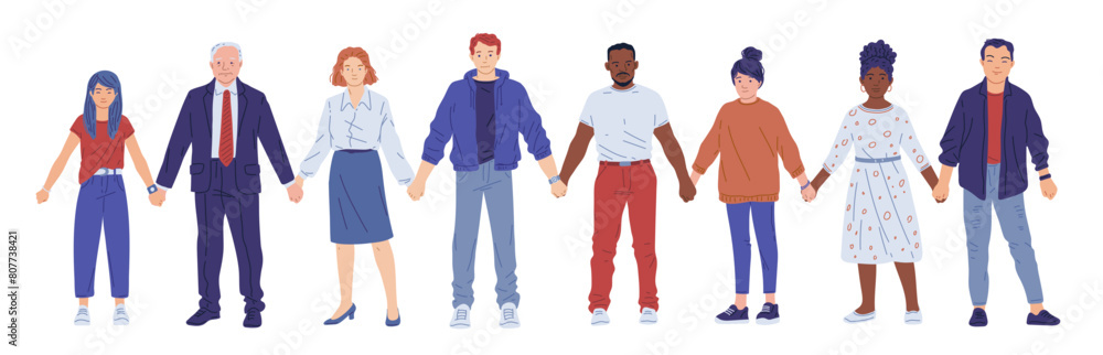 Human chain, vector cartoon people team or group different ...