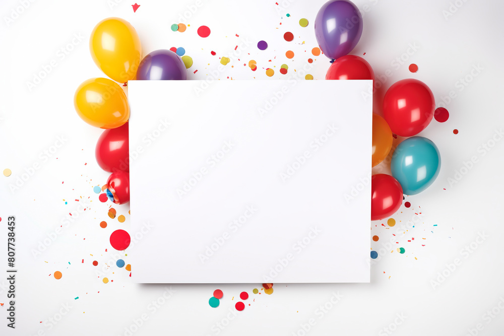 Blank birthday invitation card with multi color balloons and confetti ...