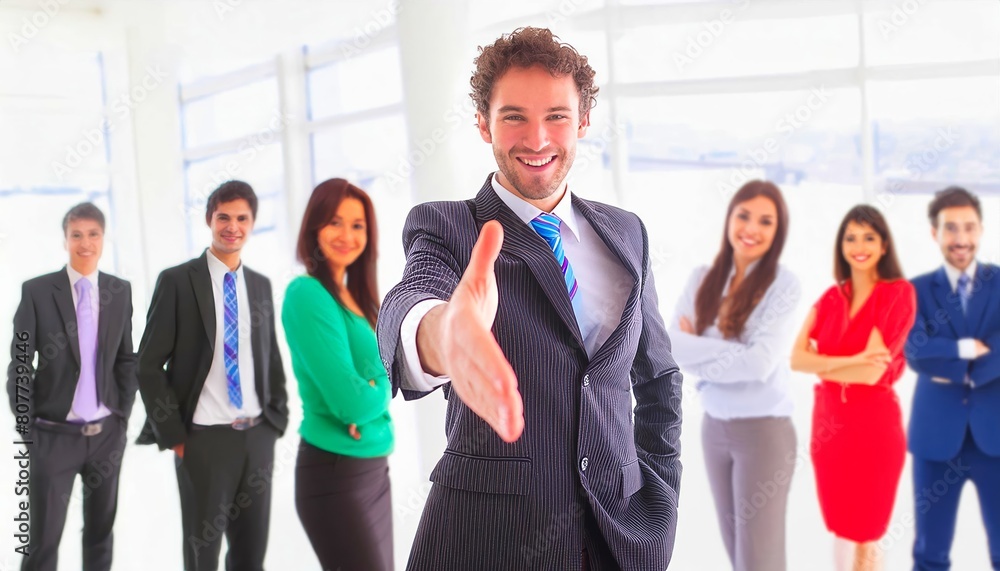 Cheerful leader in blue suit welcomes you with diverse team in light ...