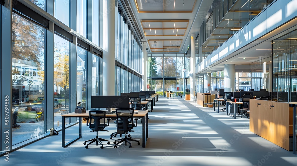 Modern office space with large windows, desks and chairs arranged in an ...