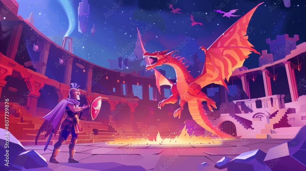 An ancient warrior fights a dragon on an arena. Fighting amphitheater ...