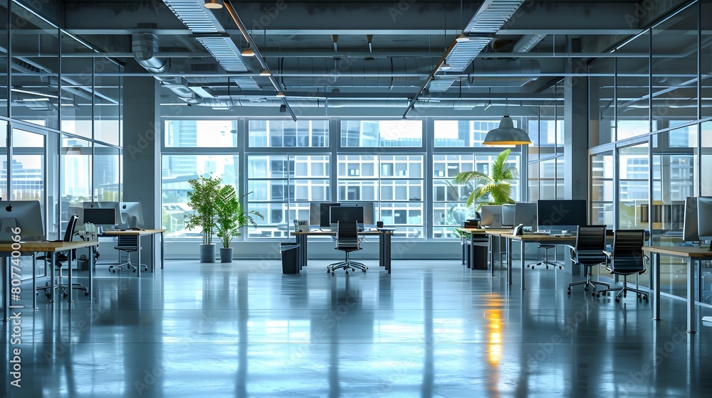Modern office space with large windows, desks and chairs arranged in an ...