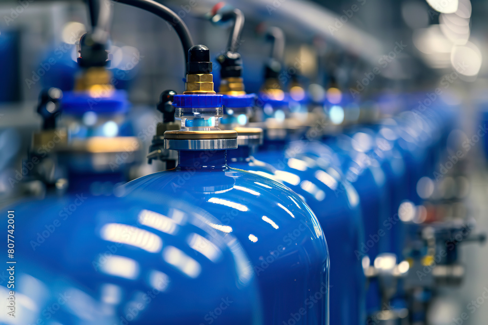 Blue oxygen tanks. Bundle of gas cylinder and high pressure gauges ...