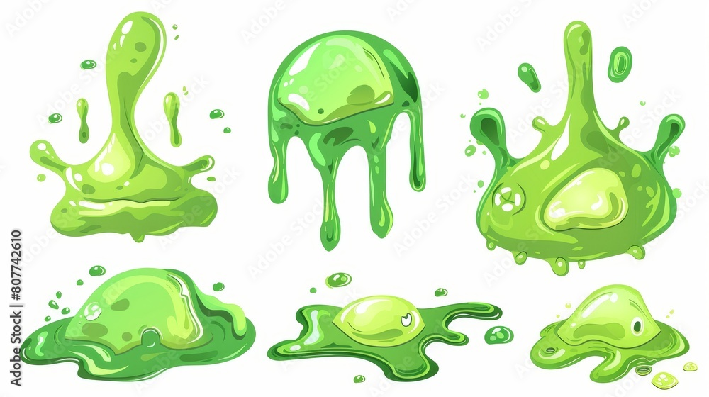 An isolated modern set of green slime graphic elements. Blobs, stains ...