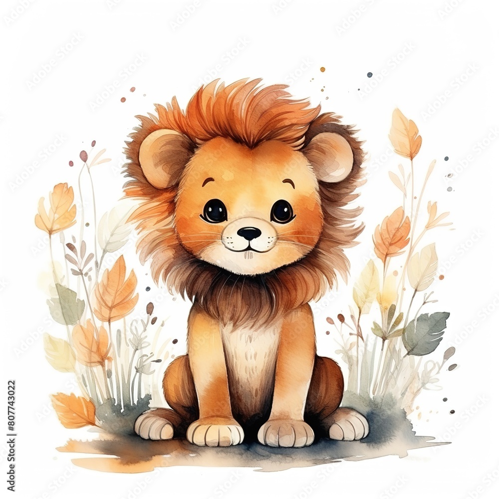 watercolor illustration of cute naive cartoon baby lion with plants on ...
