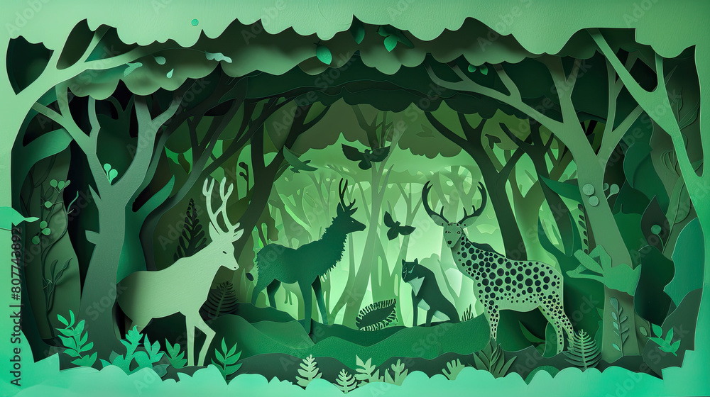 A dynamic papercut scene of a forest with wildlife, crafted from layers ...