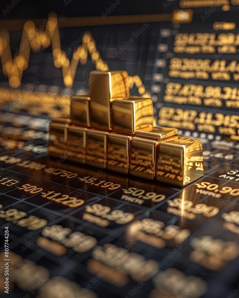 Growth gold bar financial investment stock diagram on 3d profit graph background of global ...