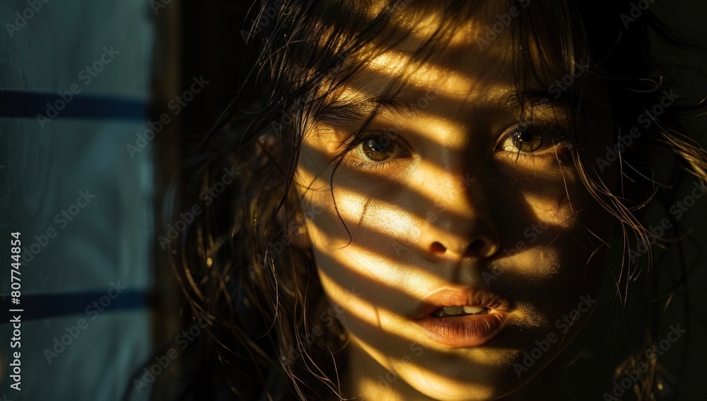 Dramatic lighting casting shadows across the girl's face, emphasizing ...