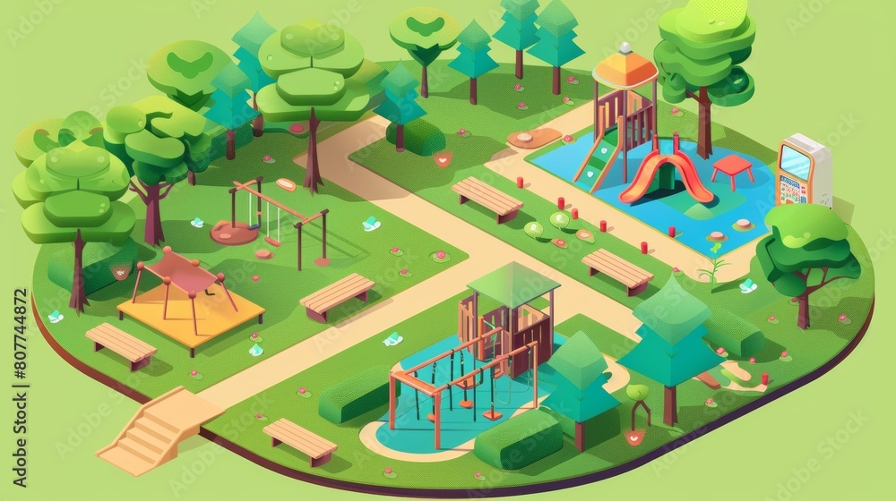 It's an eco park poster with green trees, grass, benches, and swings ...