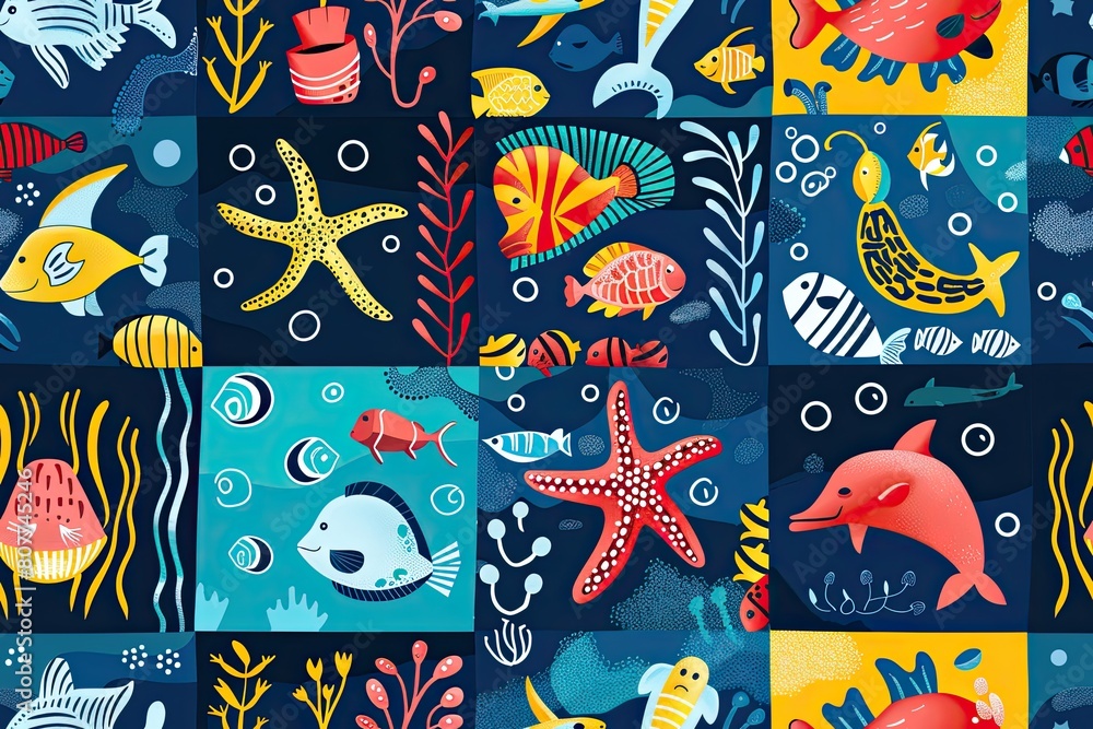 Sea life seamless patchwork pattern. Vibrant underwater life, seamless ...