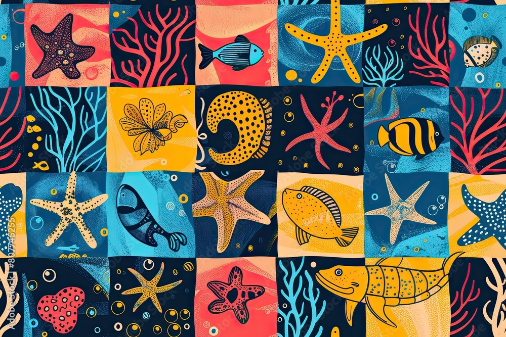 Sea life seamless patchwork pattern. Vibrant underwater life, seamless ...