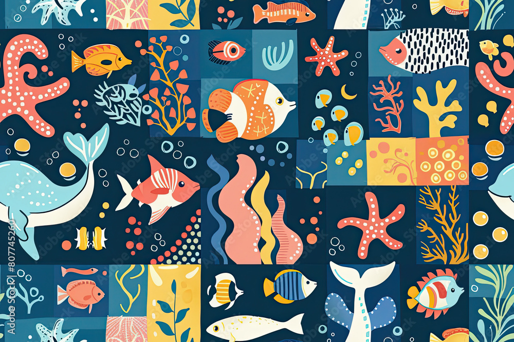 Sea life seamless patchwork pattern. Vibrant underwater life, seamless ...